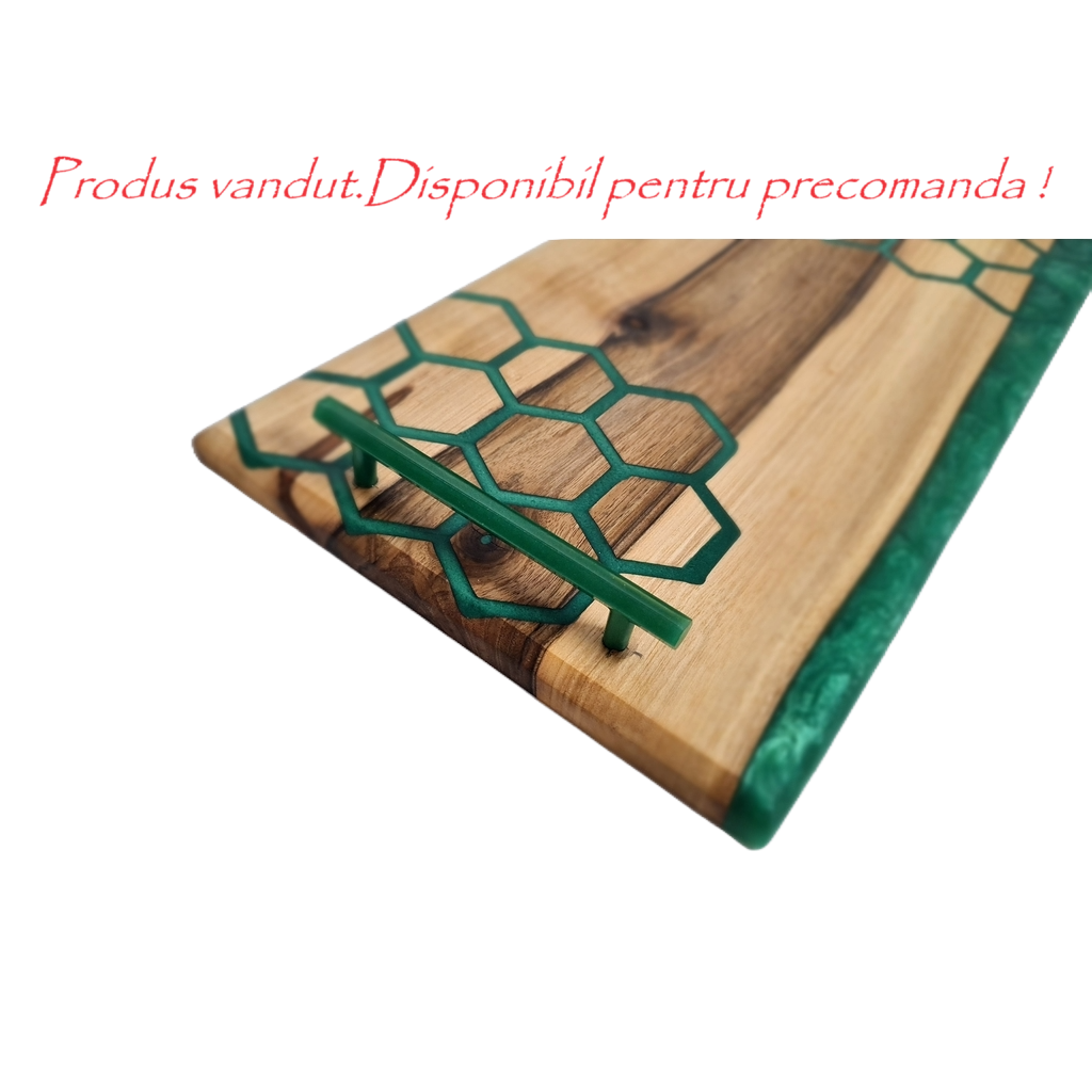 Platou Servire Handmade Model Hexagon din Lemn de Nuc cu Rășină Verde ...